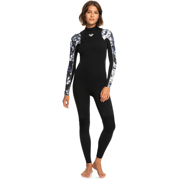 2023 Roxy Womens Elite XT 4/3mm Chest Zip Wetsuit ERJW103134 - True Black / Flowers | Wetsuit Outlet